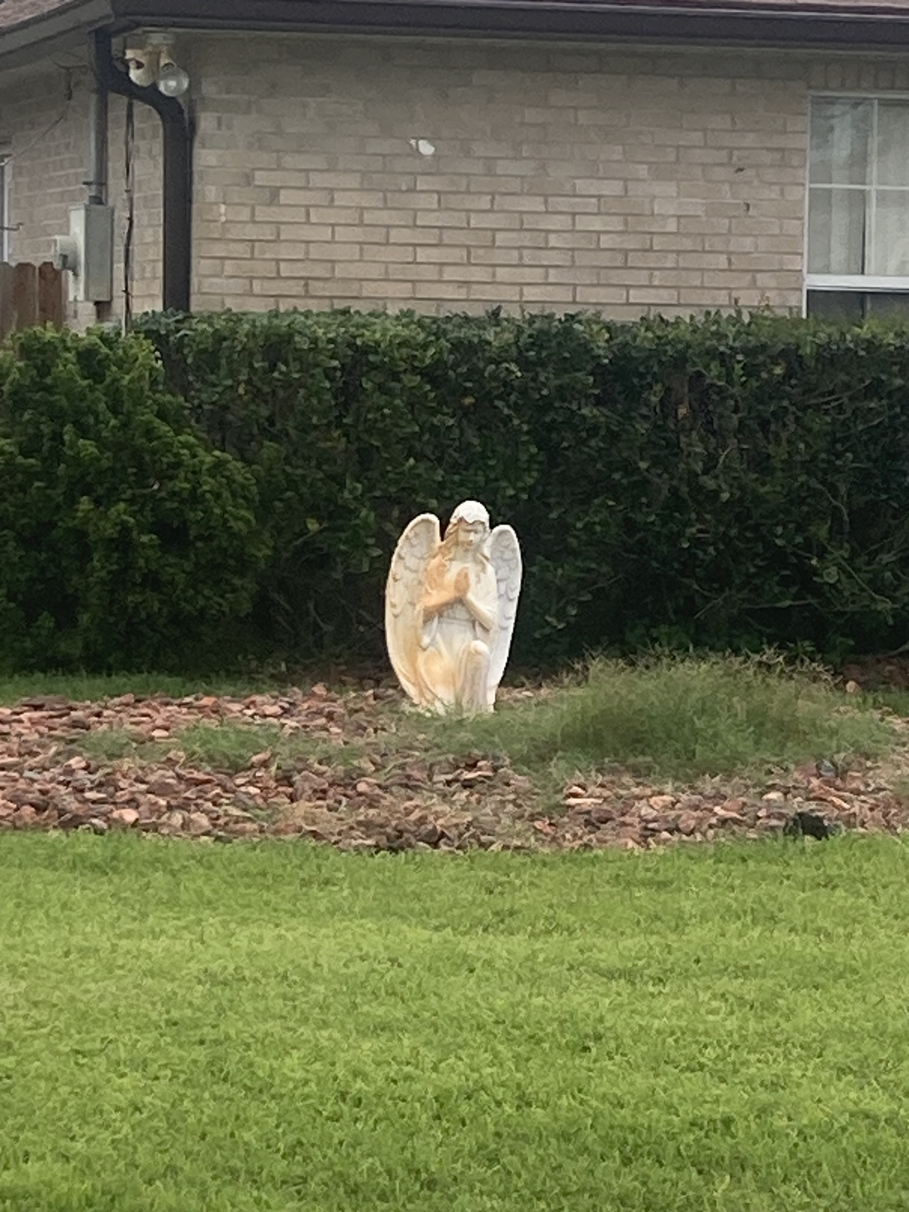 A front yard angel takes a knee – Waite for it…